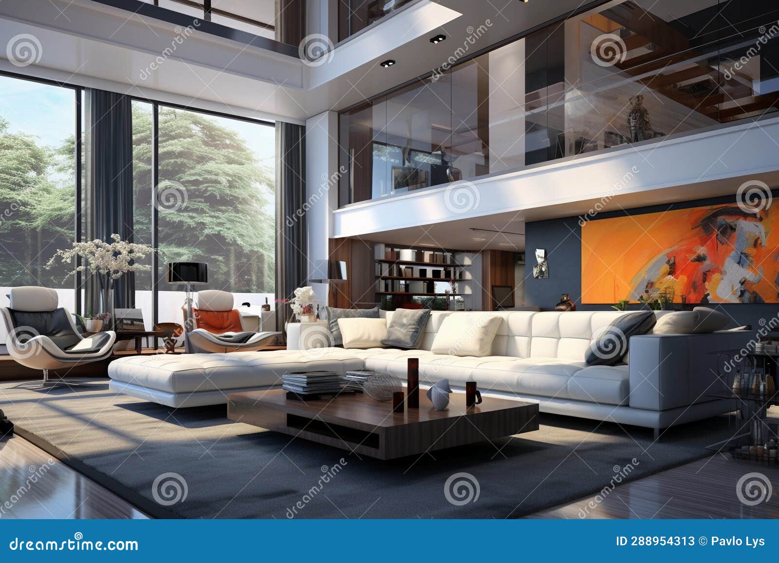 Modern Living Room Interior with Large Windows Stock Illustration ...