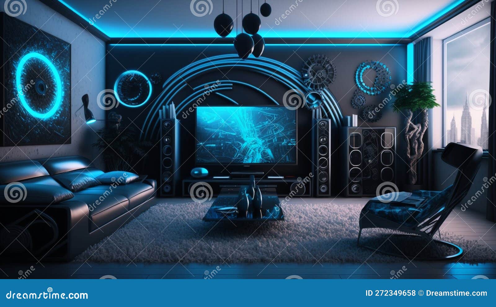 Modern Living Room Interior with Sofa and Television with Neon Lights ...