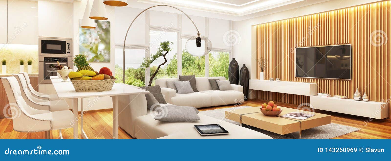 Modern Living Room with Modern Kitchen in One Space Stock Image - Image ...