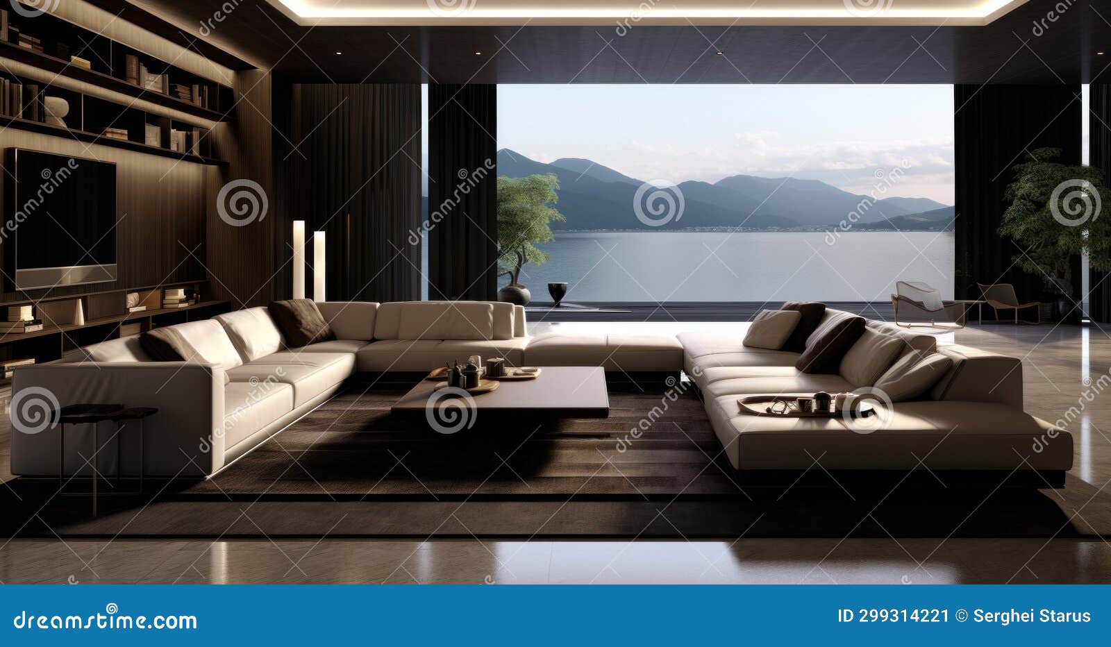 A Modern Living Room with a Large Window Overlooking a Lake, AI Stock ...