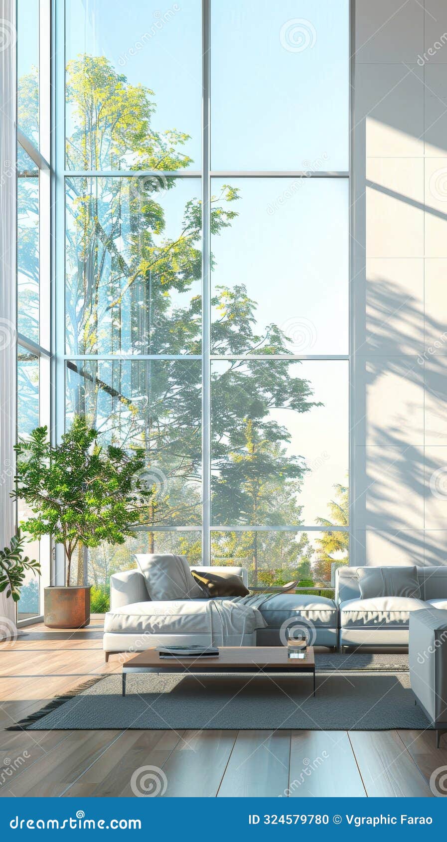 Modern Living Room with Large Windows Overlooking Trees, Cozy and ...