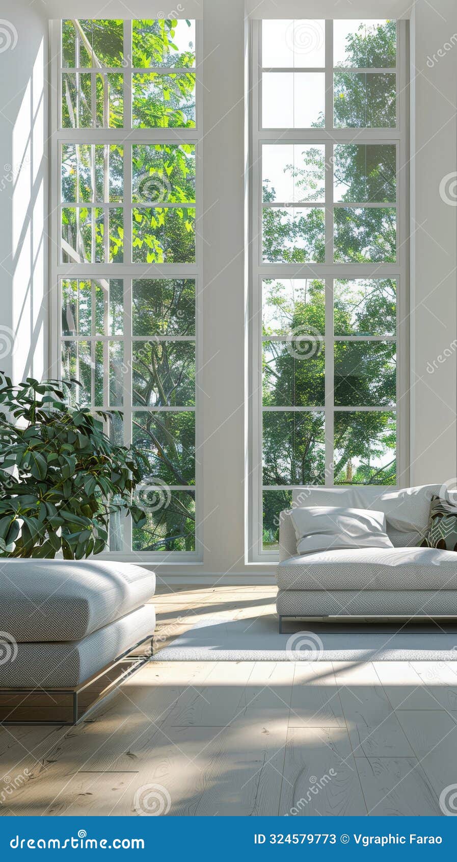 Modern Living Room with Large Windows, Tree View and Sunlight ...