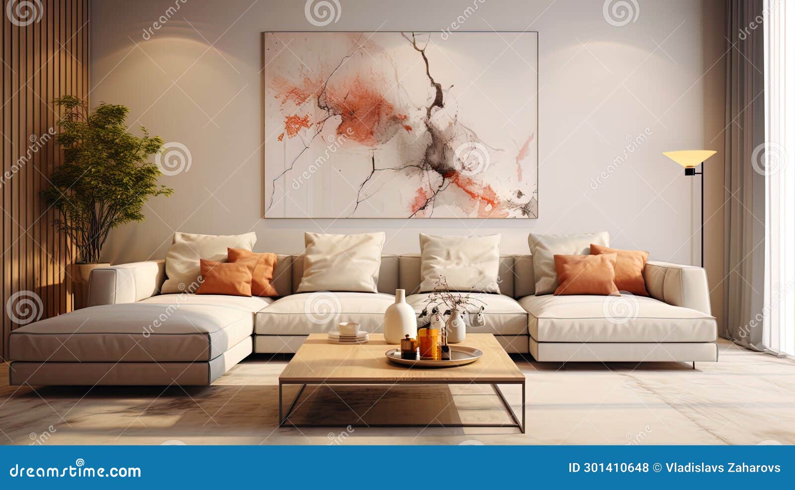 Modern Living Room with a Modular Sofa, Glass Table and Abstract Art ...