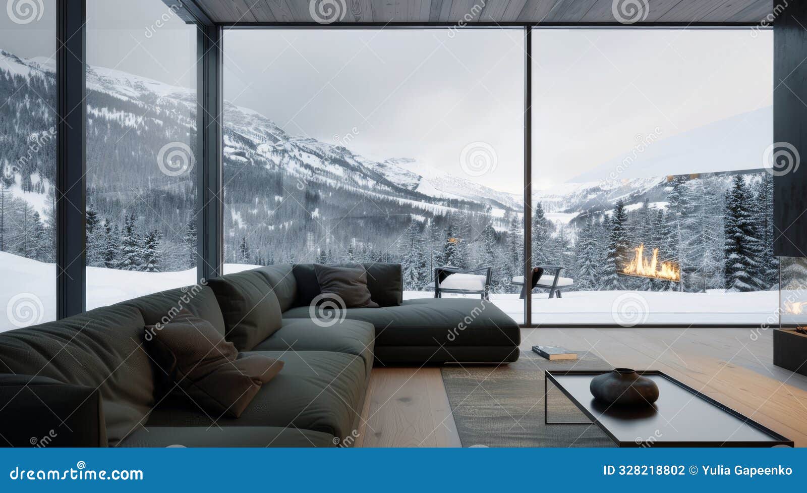 Modern Living Room with Mountain View Stock Photo - Image of windows ...