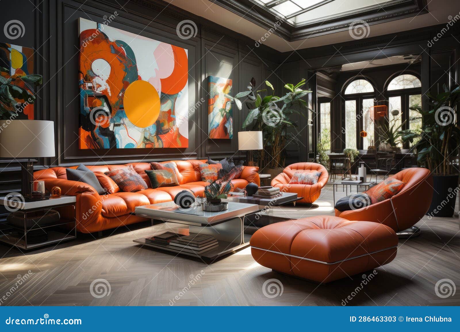 Modern Living Room with Orange Sofa Stock Illustration - Illustration ...