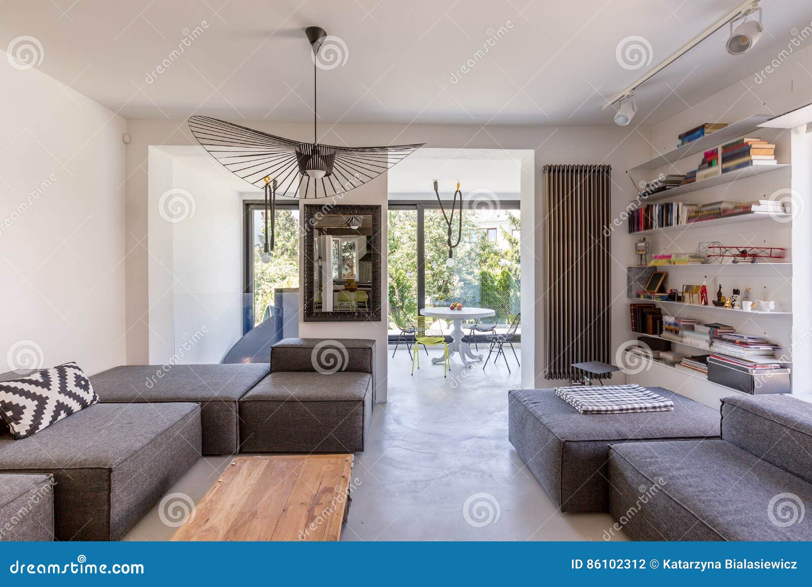 Modern Living Room Overlooking Veranda Stock Photo - Image of panoramic ...
