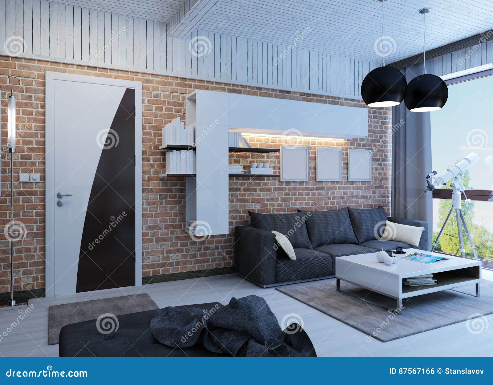 Modern Living Room with Panorama Stock Photo - Image of door, living ...