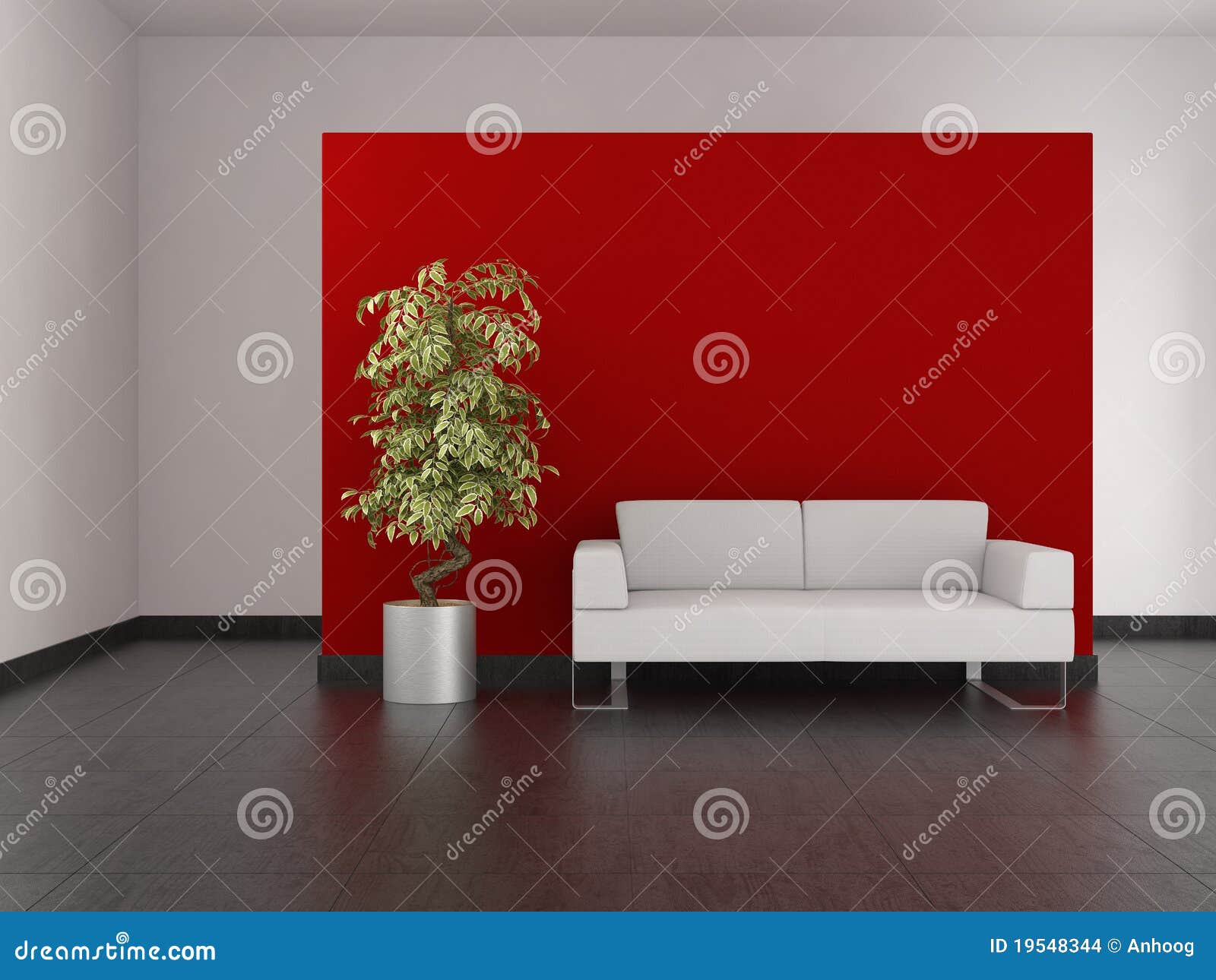 Modern Living Room with Red Wall and Tiled Floor Stock Illustration ...