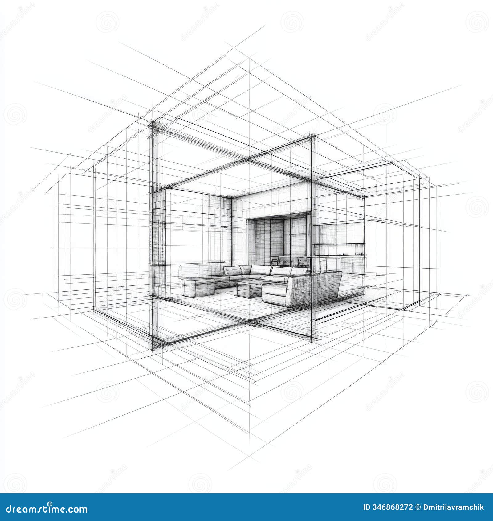 A Modern Living Room with a Sketch Overlay of an Architectural Design ...