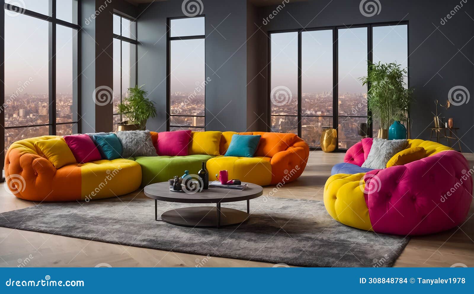 Modern Living Room with Sofa and Colored Poufs Stock Illustration ...
