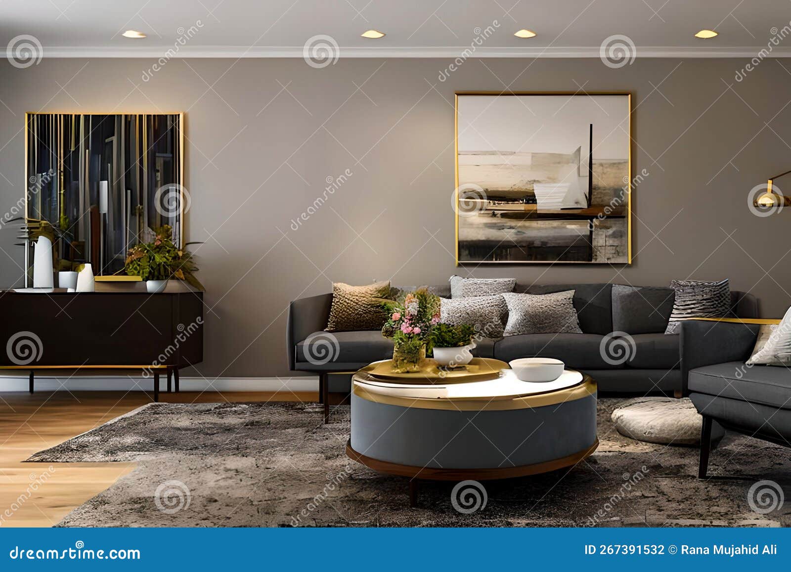 A Modern Living Room with a Sofa, Table and Artwork on the Wall Stock ...