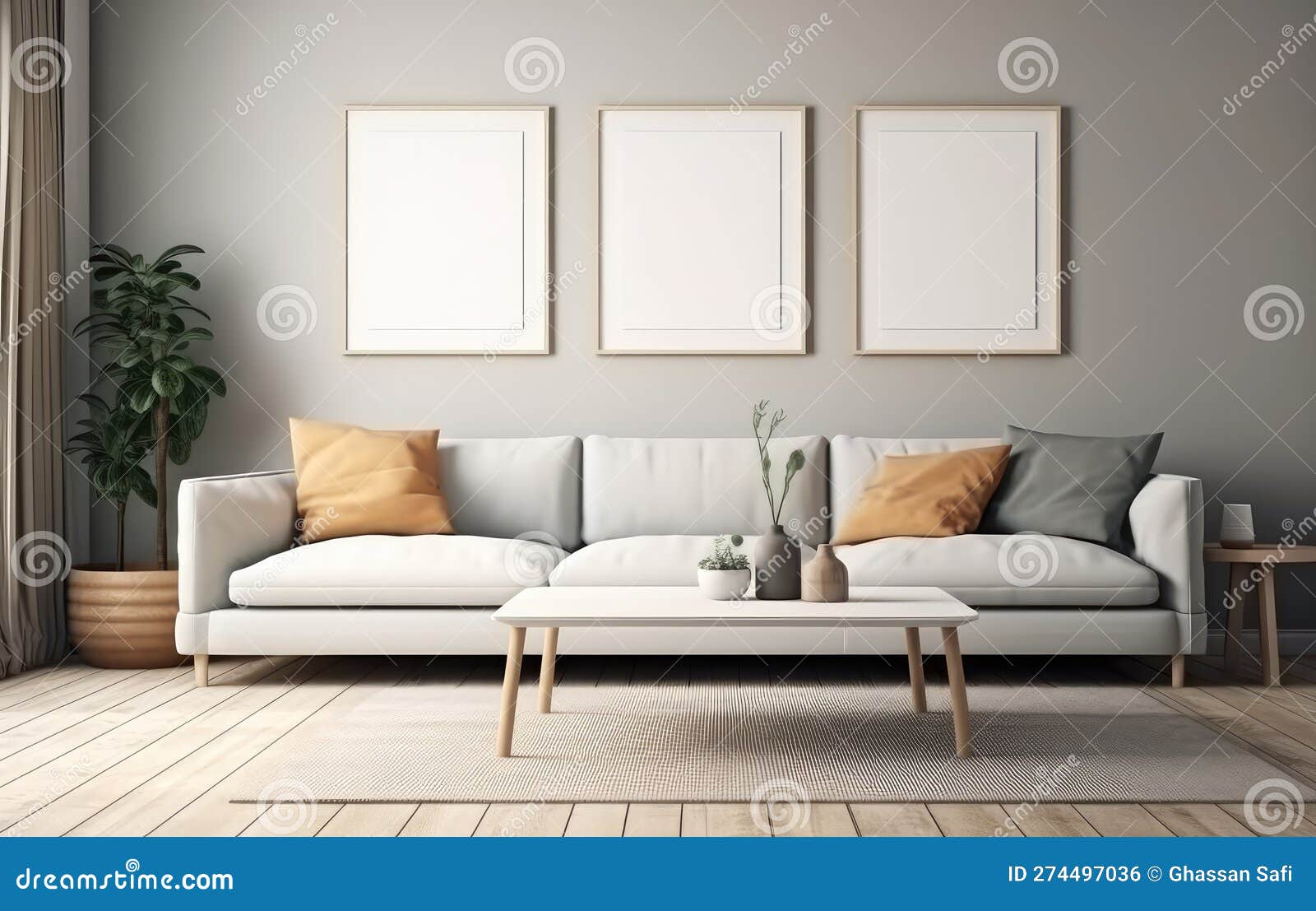 A Modern Living Room with Three Picture Frame Mockups Stock Photo ...
