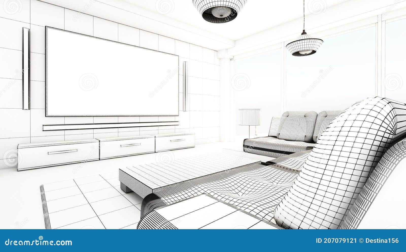 Modern Living Room Wireframe Rendering. 3D Illustration Stock ...