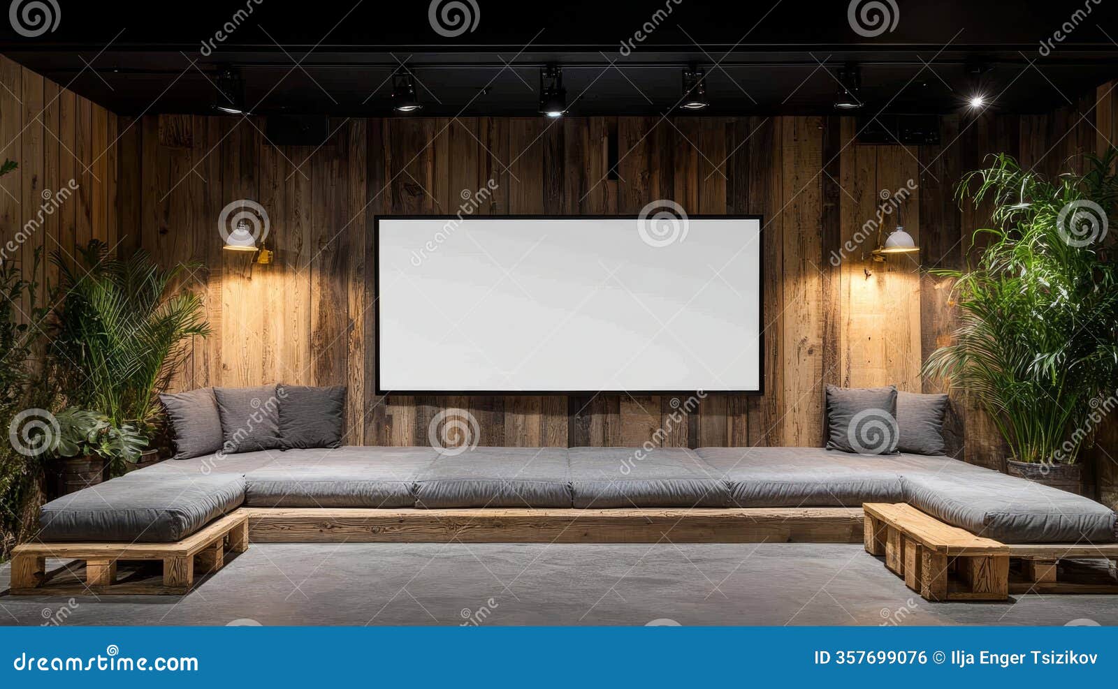 Modern Lobby with Blank Digital Signage Screen, Wood Paneling, and ...