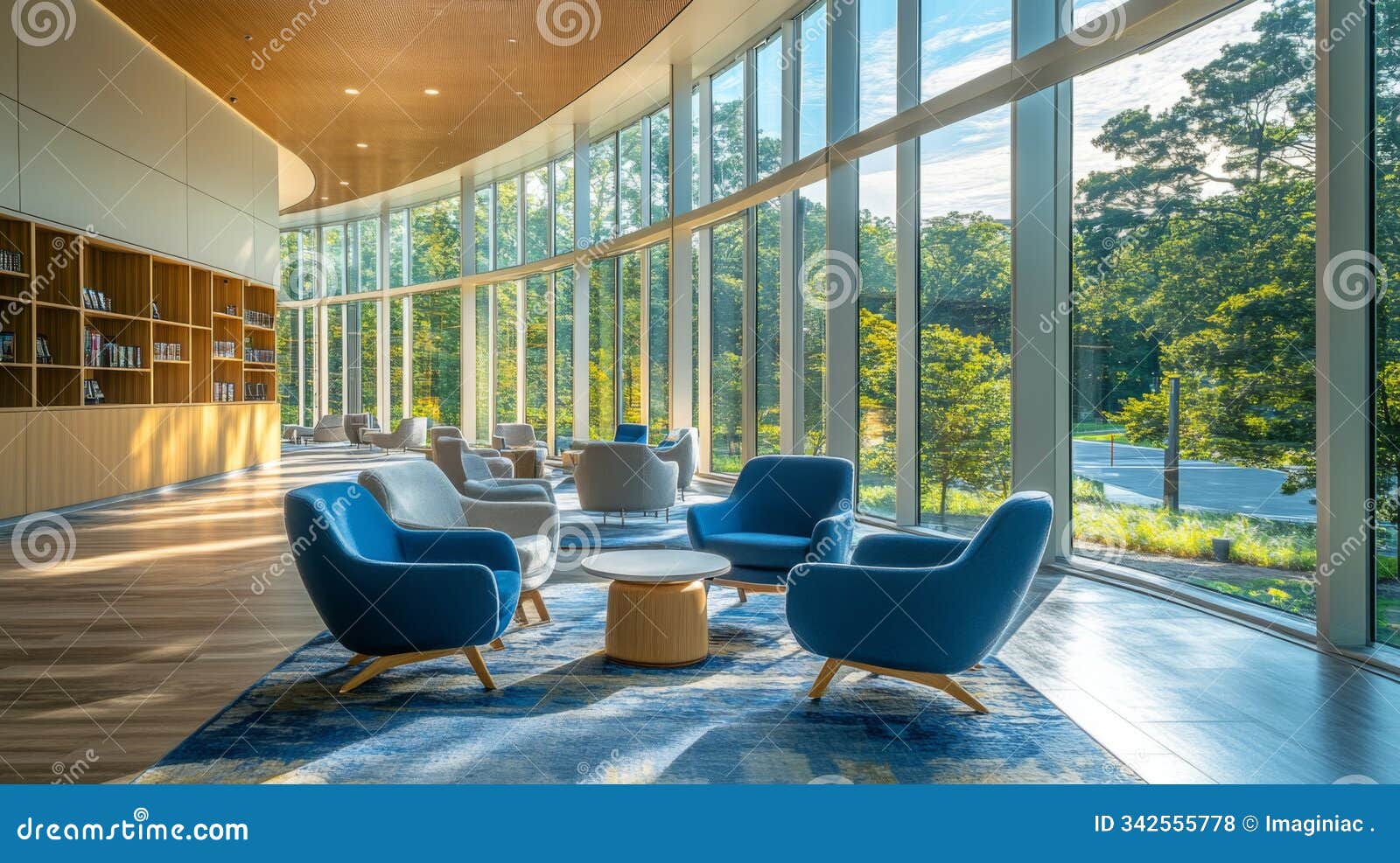 Modern Lobby with Blue Chairs and Large Windows Stock Illustration ...