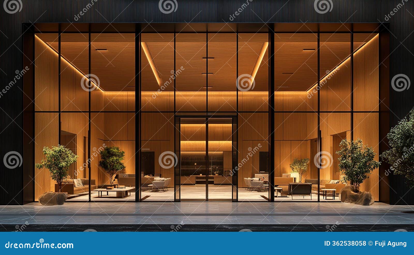 Modern Lobby, City Building, Night View, Warm Lighting, Interior Design ...