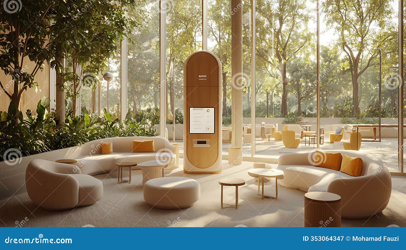 Modern Lobby with Curved Sofas, Kiosk, and Large Windows Overlooking a ...