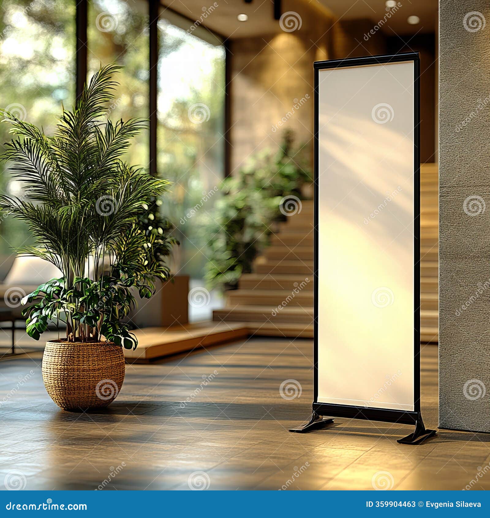 Modern Lobby Design with Empty Vertical Banner Display Mockup and ...
