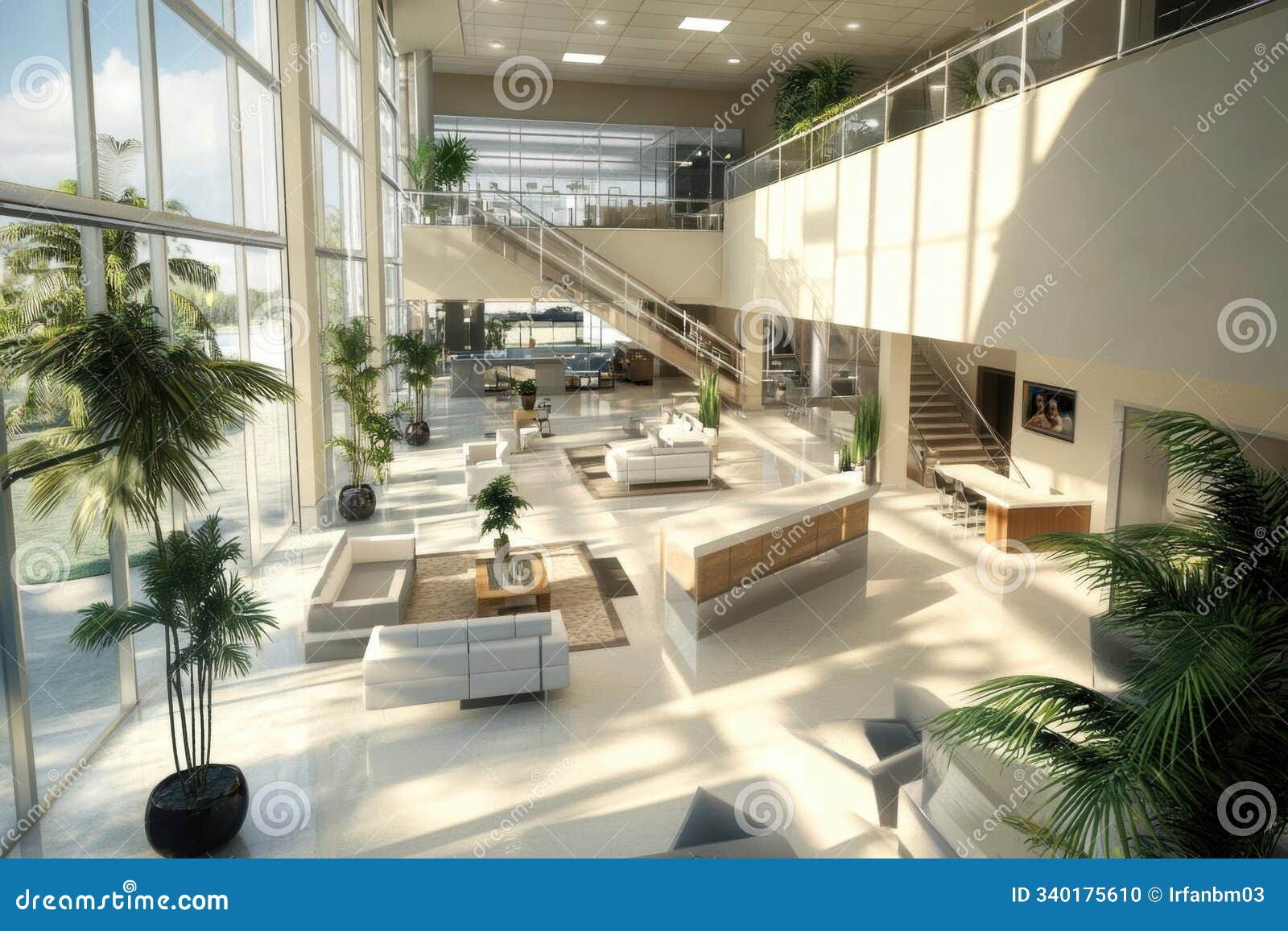 Modern Lobby Design with Floor-to-Ceiling Windows and Lush Greenery ...