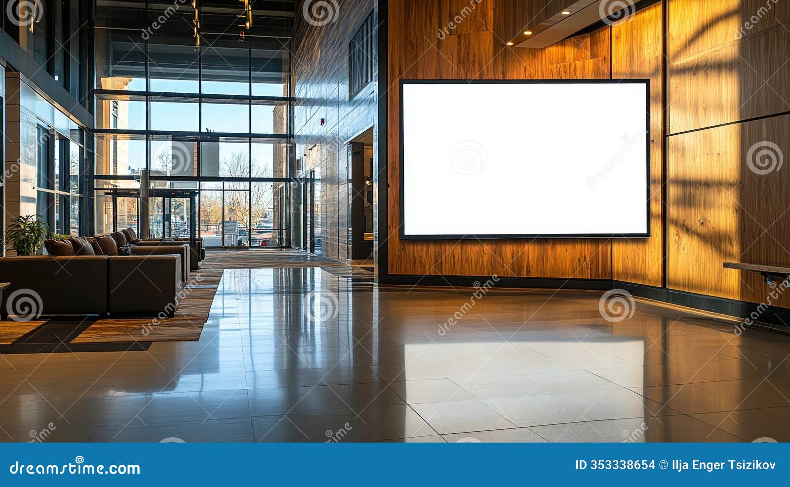 Modern Lobby with Digital Signage, Blank White Screen Display ...