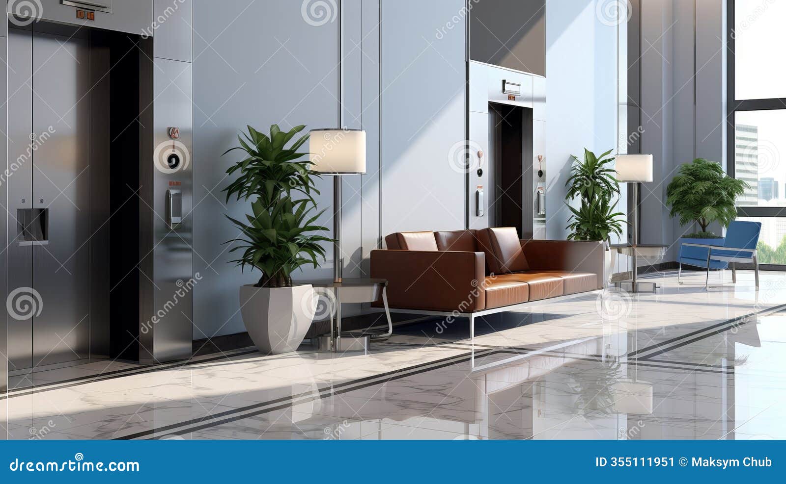 Modern Lobby with Elevators and Stylish Seating in a Bright Urban ...