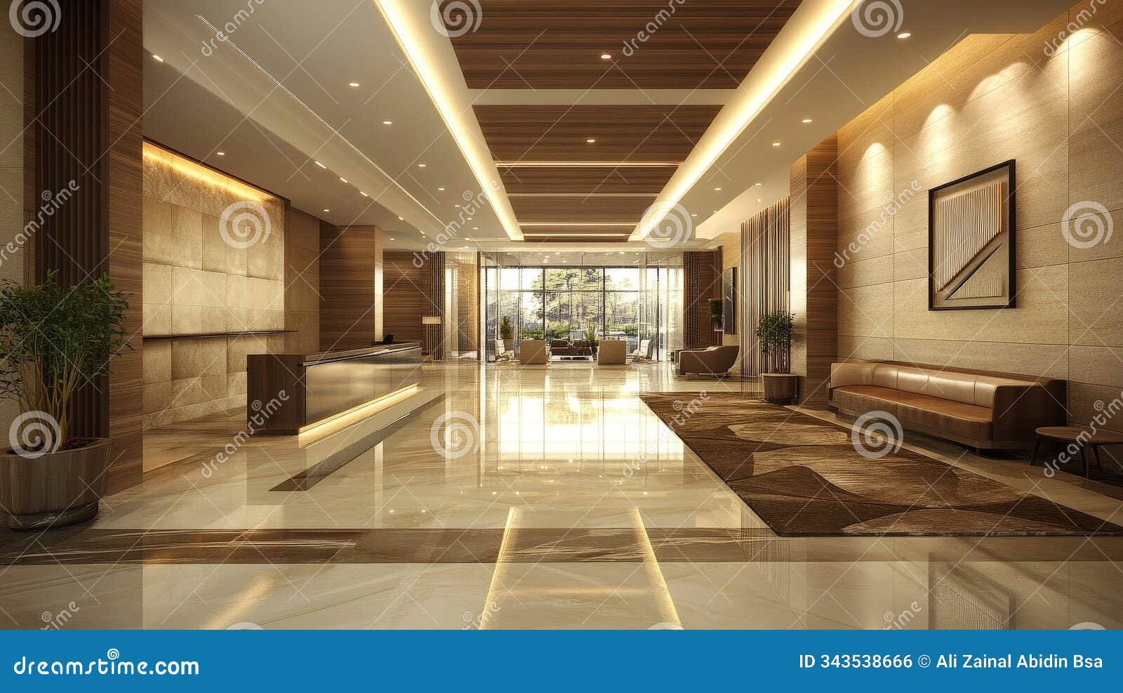 Modern Lobby with Green Wall and Natural Elements Stock Illustration ...