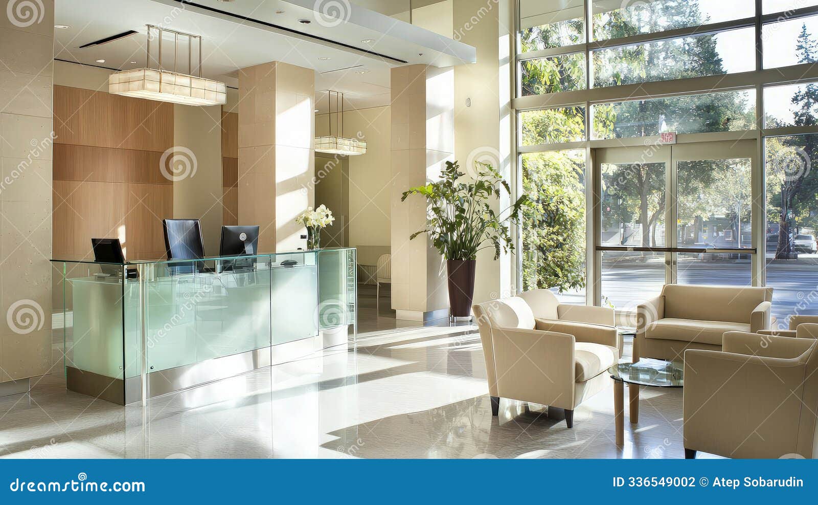 Modern Lobby Interior Design with Glass Reception Desk Stock Photo ...