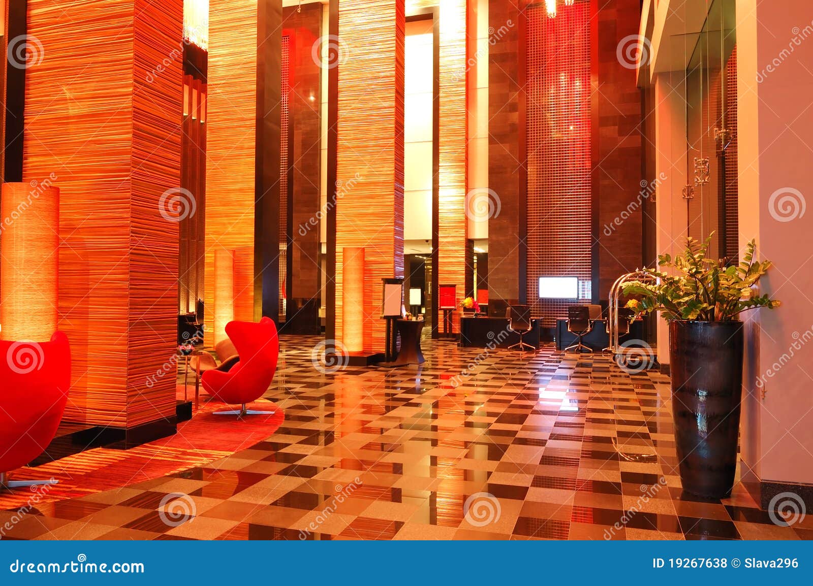 Modern Lobby Interior in Night Illumination Stock Photo - Image of ...