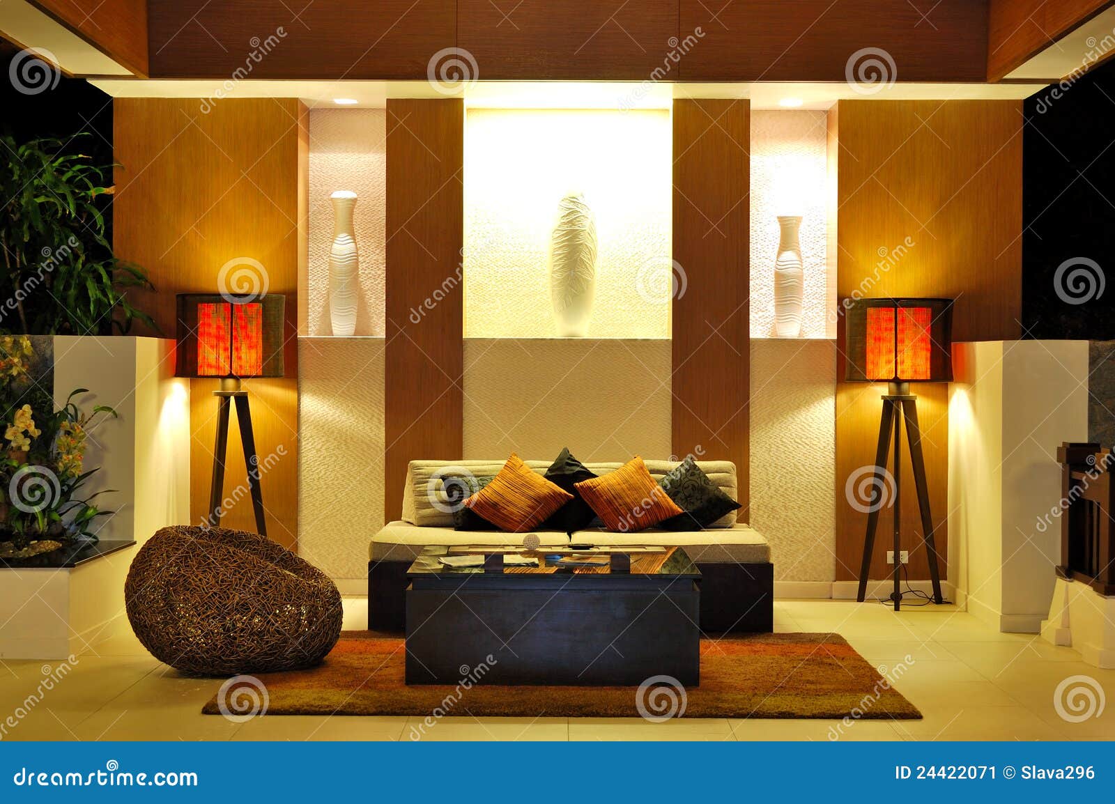 Modern Lobby Interior in Night Illumination Stock Image - Image of ...