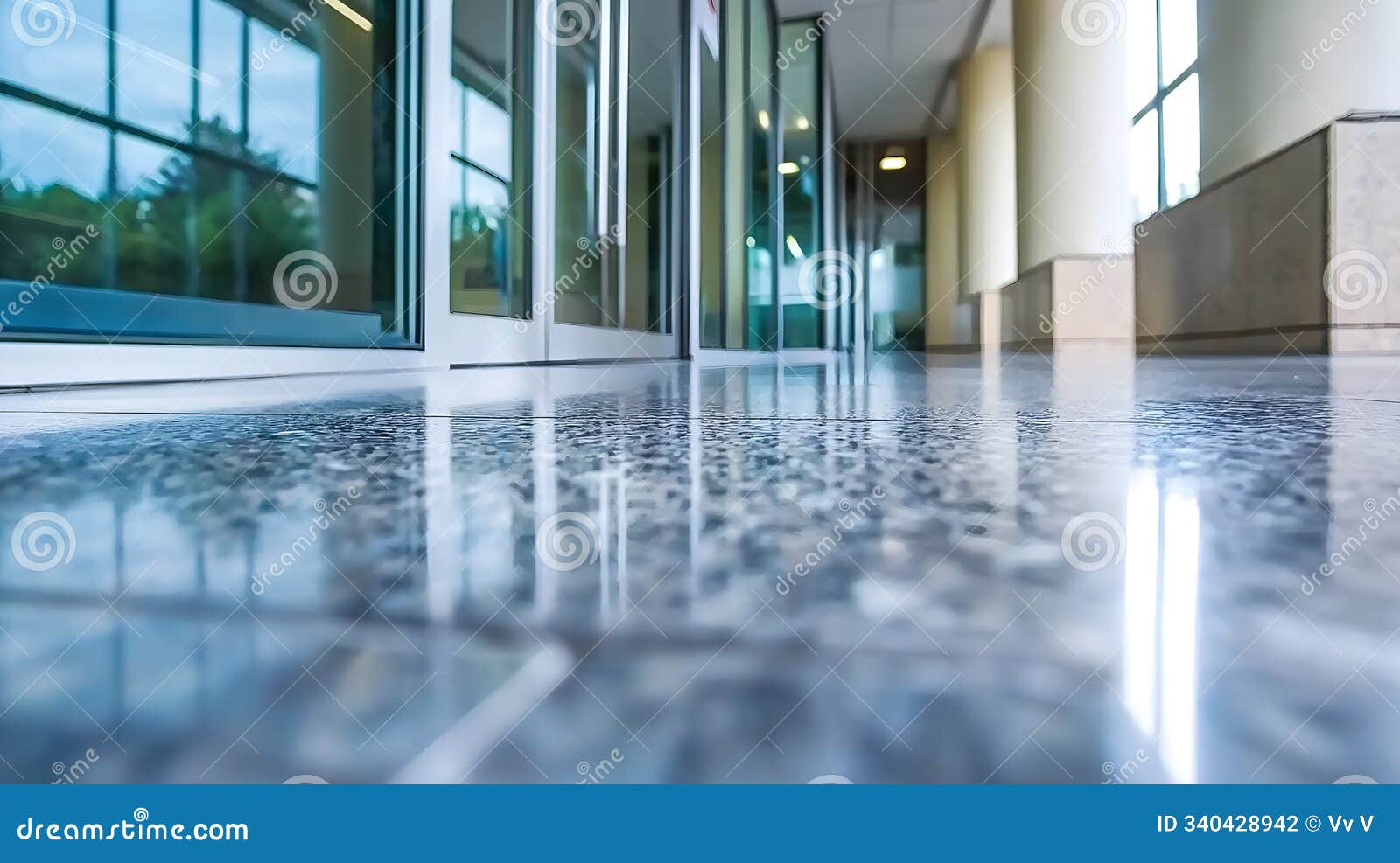 Modern Lobby with Polished Floor and Glass Doors Stock Photo - Image of ...