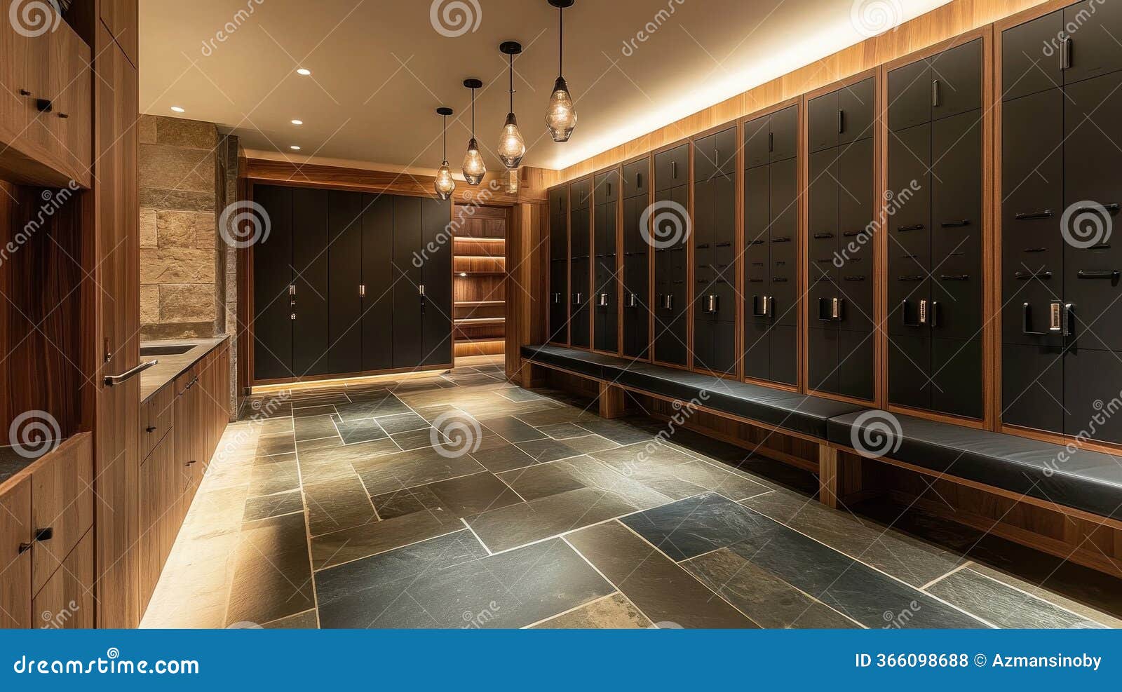 Modern Gym Locker Room Interior With Wooden Lockers And Stylish Benches ...