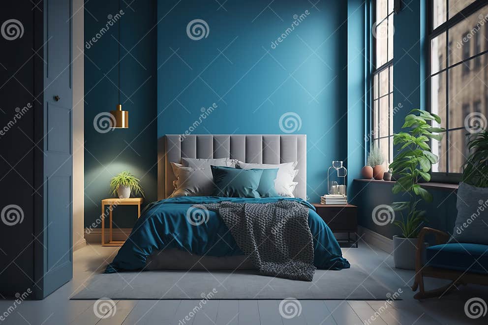 The Modern Loft Bedroom and Blue Wall Texture Background Stock ...