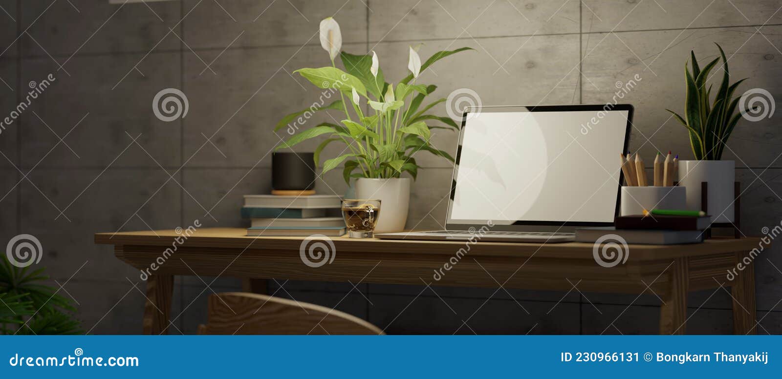 Modern Loft Computer Workplace Setup with Laptop, Stationery and Decor ...