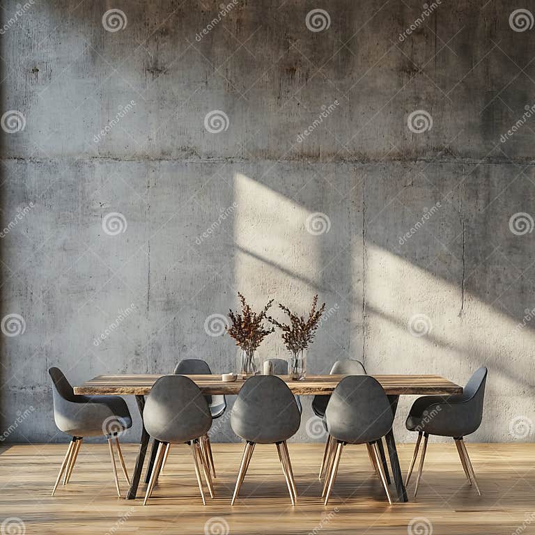 A Modern Loft Dining Area with a Simple Table and Chairs, Complemented ...