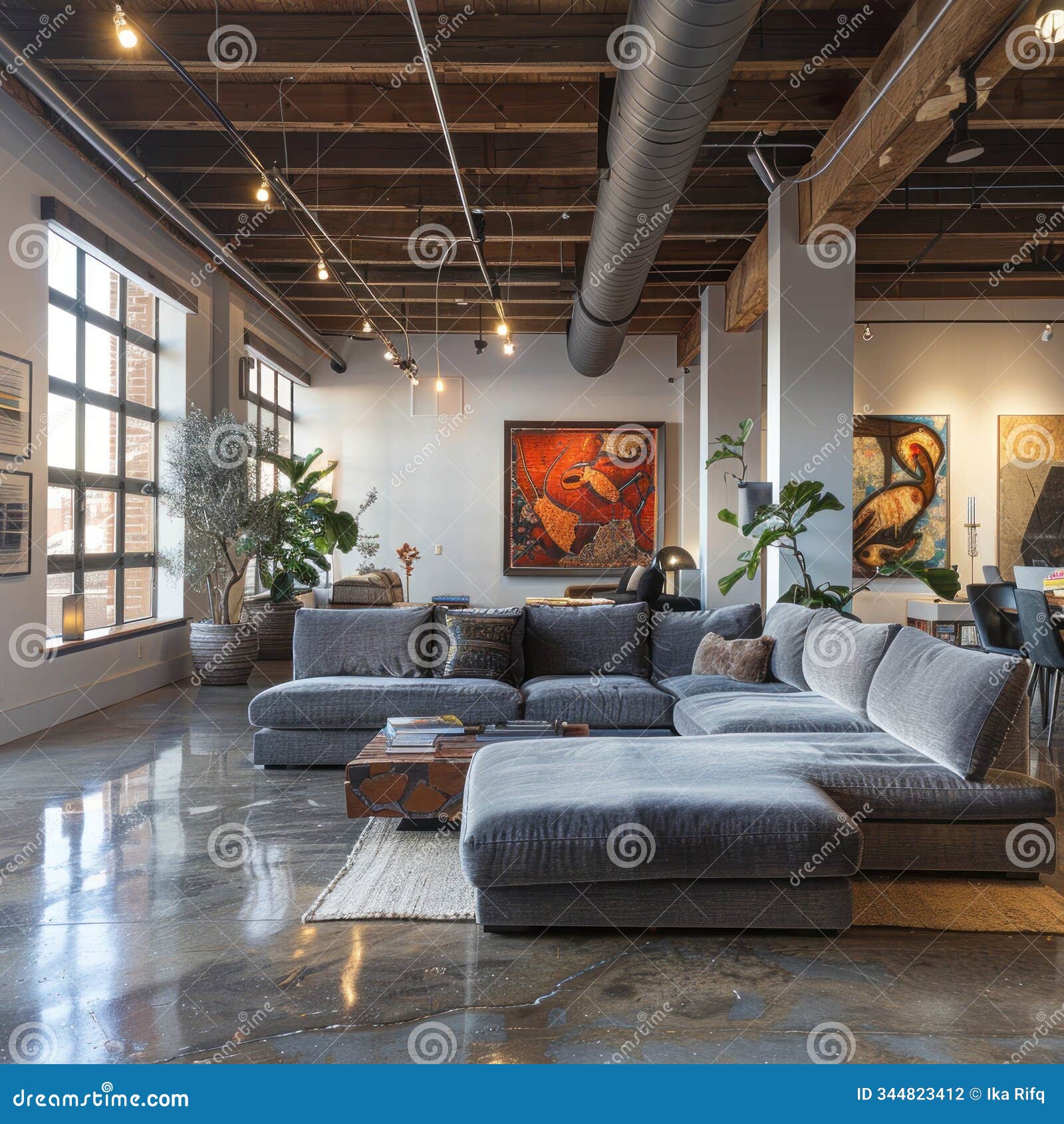 Modern Loft Interior Design with Exposed Beams and Large Windows Stock ...