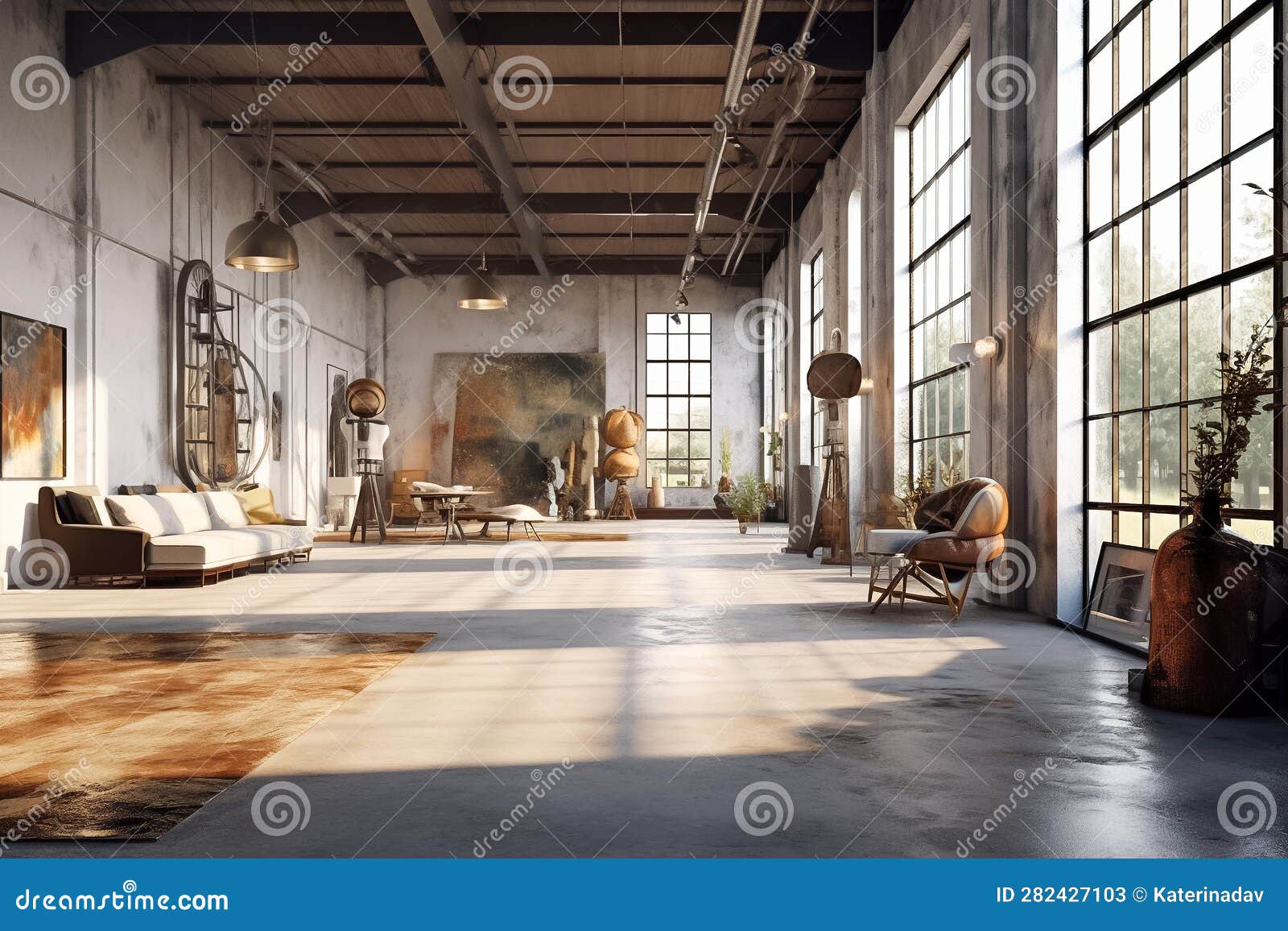 Modern Loft Interior Design. Spacious Room, Lots of Light. Generative ...
