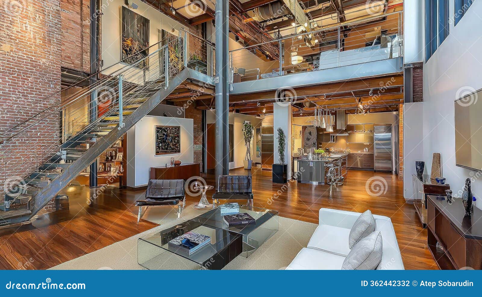 Modern Loft Interior with Exposed Brick, Beams, and Metal Stock Photo ...