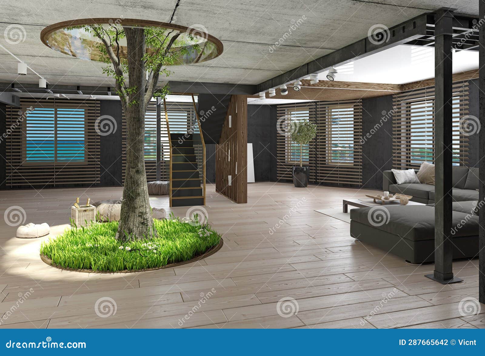 Modern Loft Interior with the Tree Inside. Stock Illustration ...
