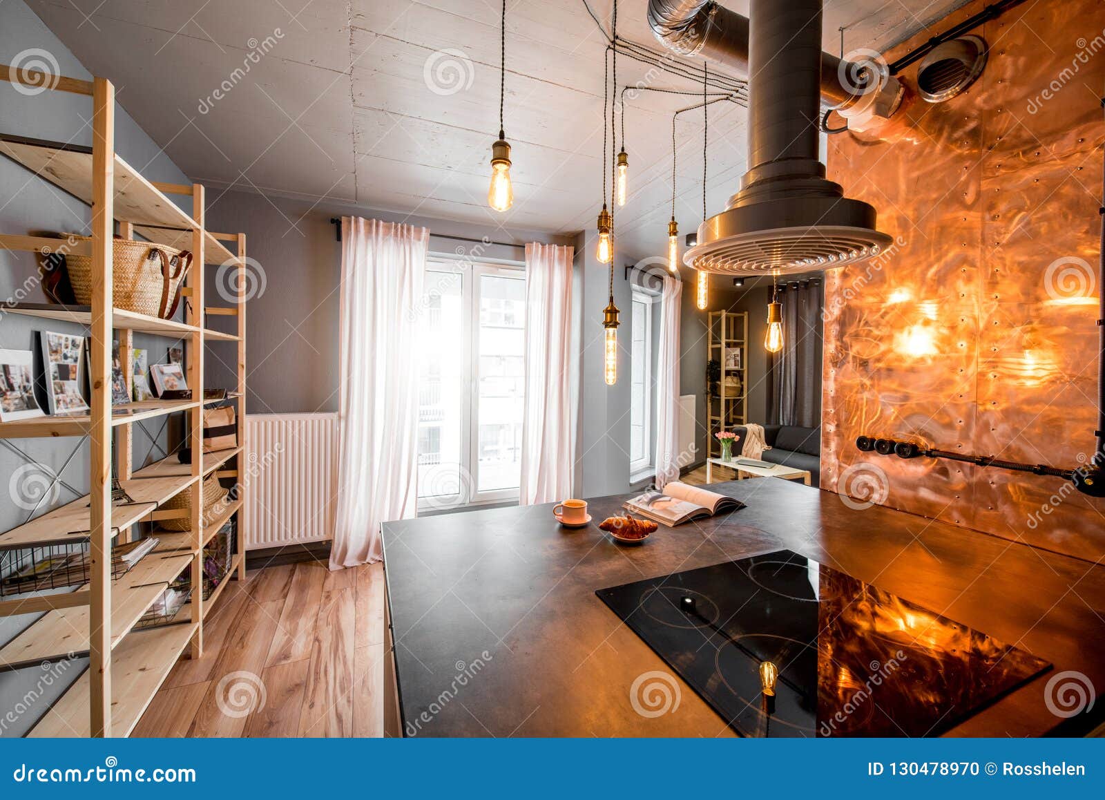 Modern loft kitchen room stock photo. Image of decor - 130478970