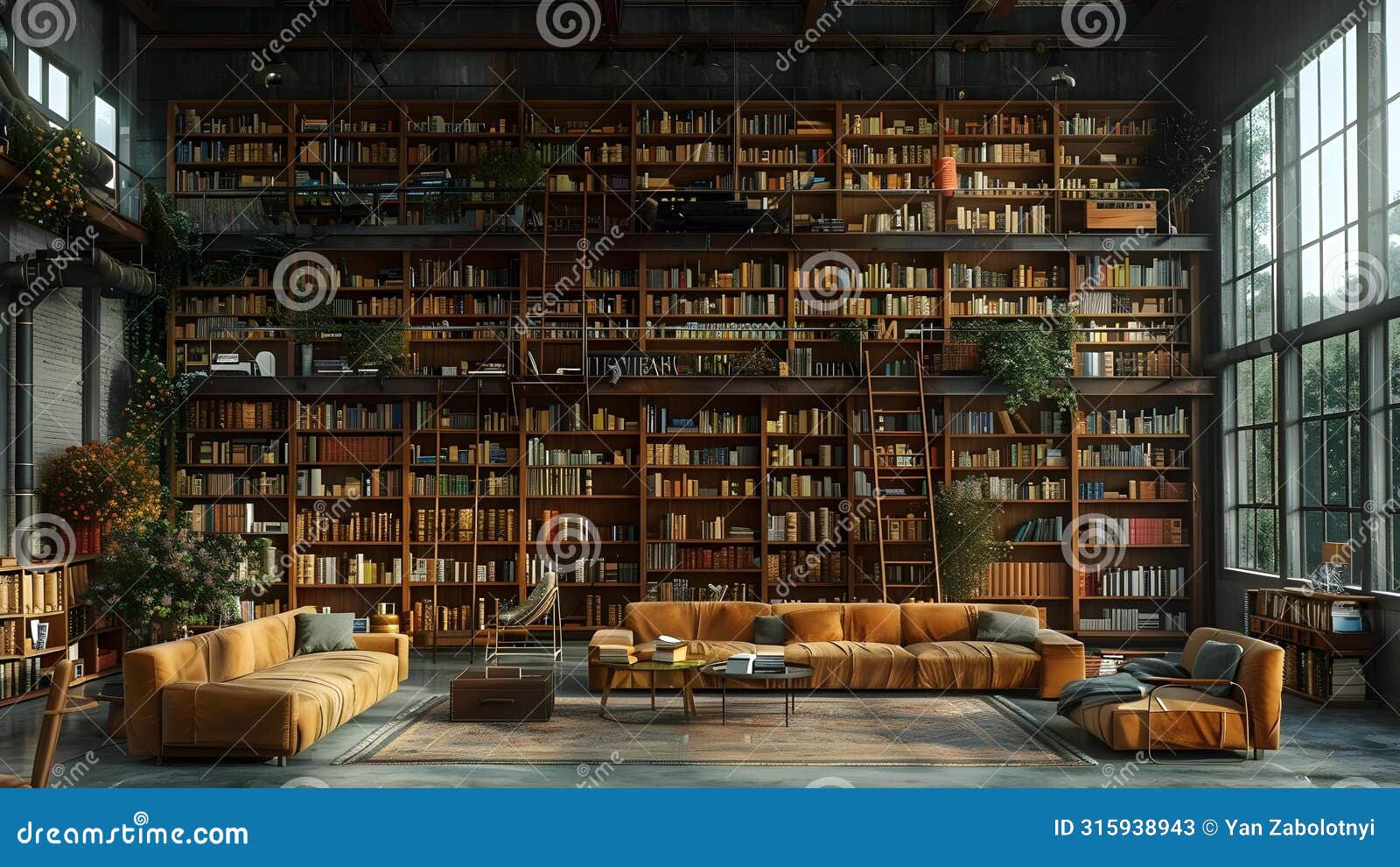 Modern Loft Library with Industrial Architecture High Ceilings and ...