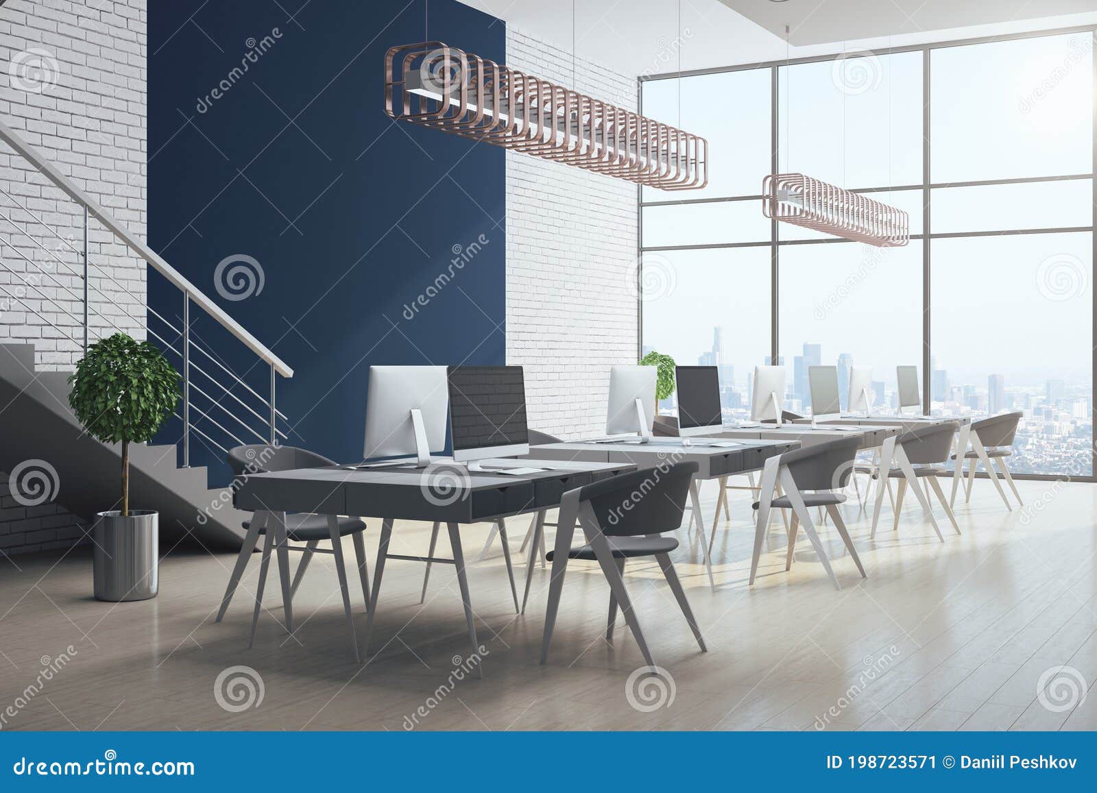 Modern Loft Office with Computer on Table and City View Stock ...