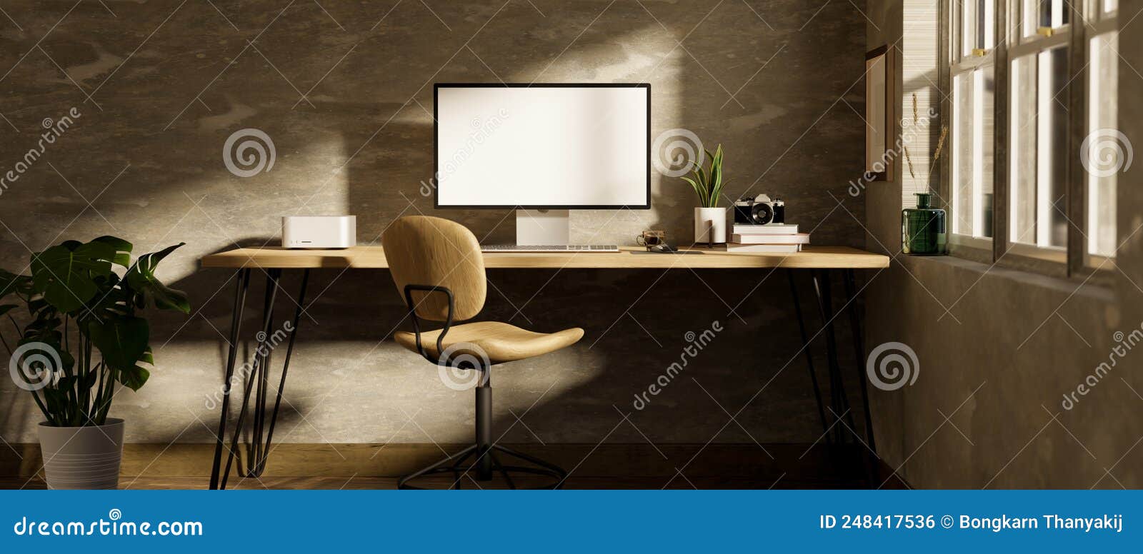 Modern Loft Office Desk Workspace with Pc Computer on Wood Table Over ...