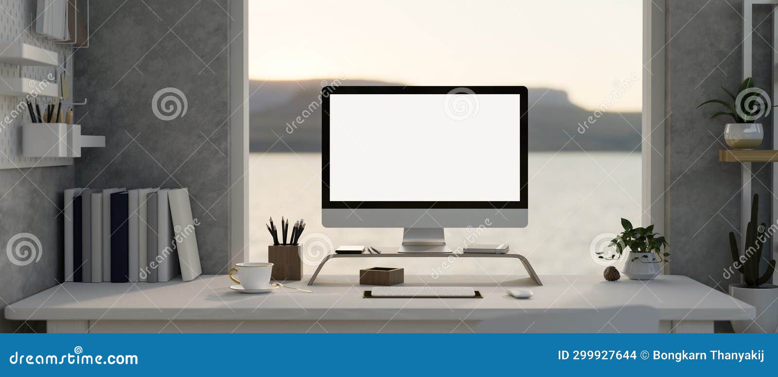 Modern Loft Office Workspace with a White-screen Computer Mockup on a ...