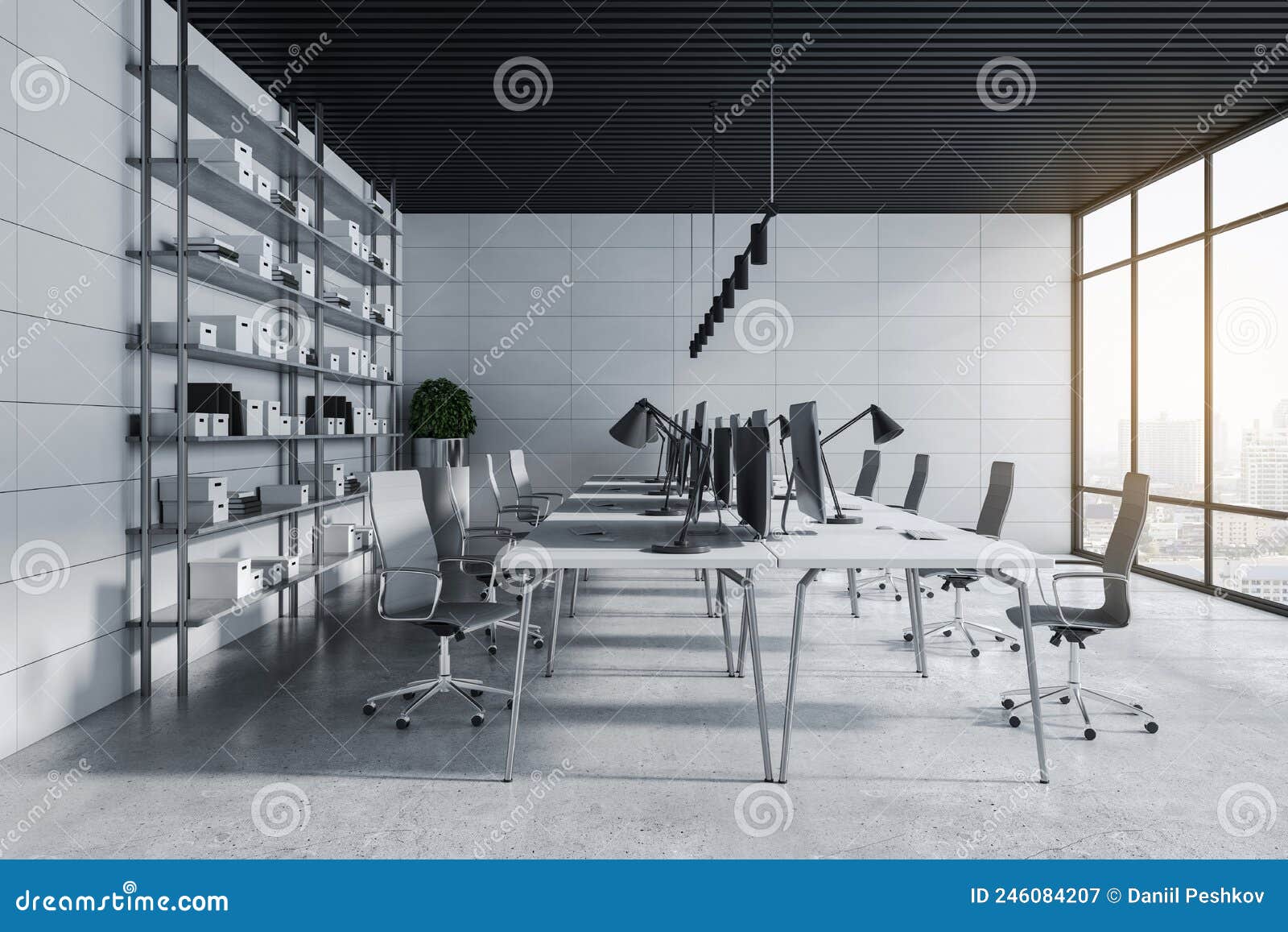 Modern Loft Style Interior Open Space Office with City View from Big ...