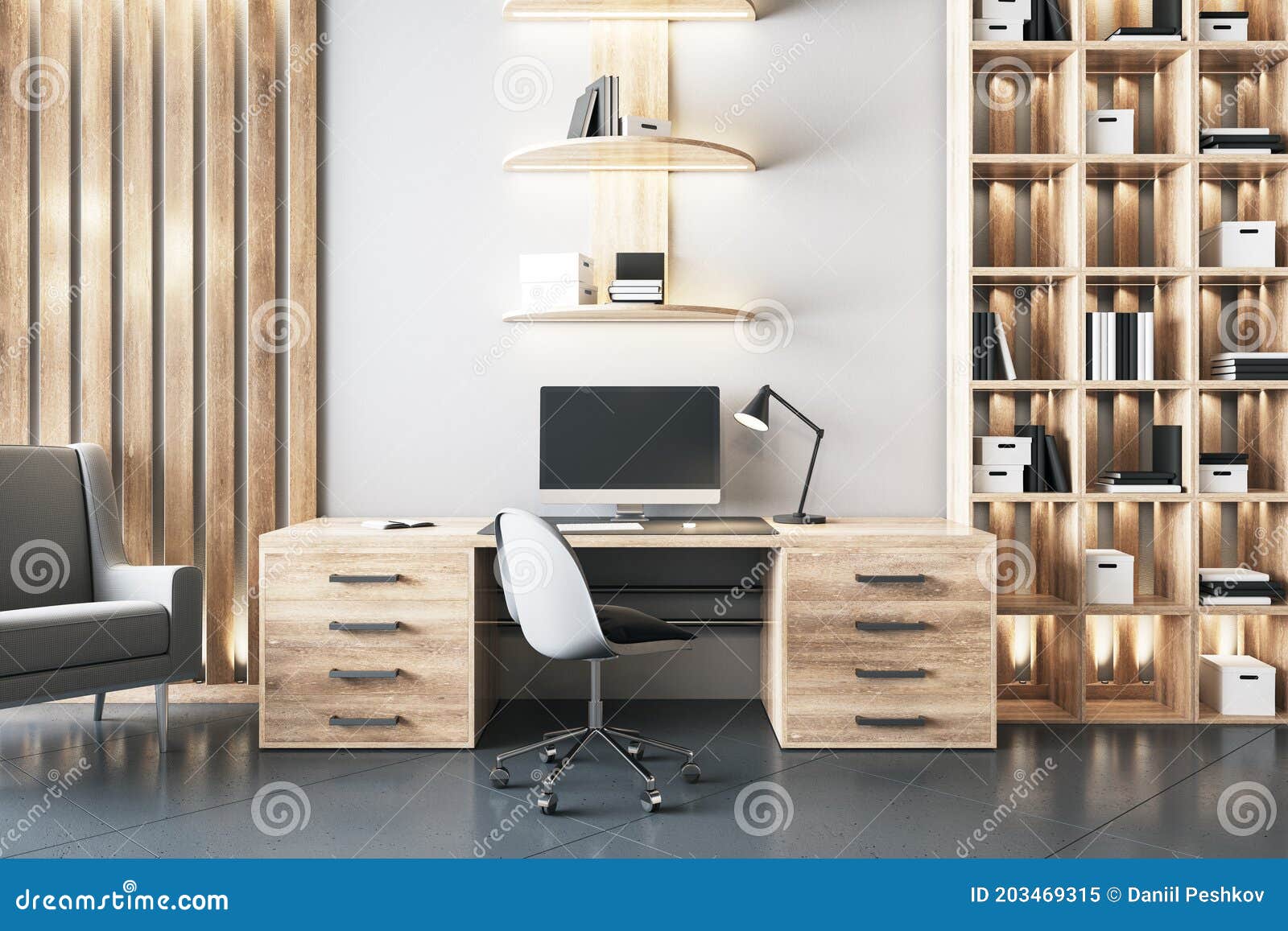 Modern Loft Style Wooden Office with Bookcase and Computer on Table ...