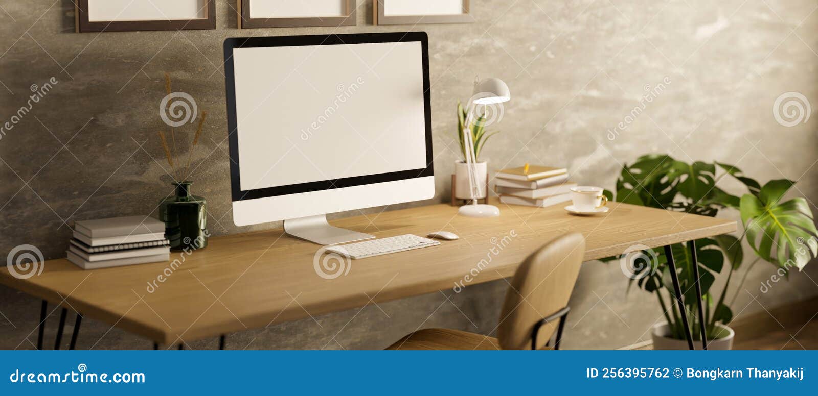 Modern Loft Workspace Interior Design with PC Computer on Wood Table ...