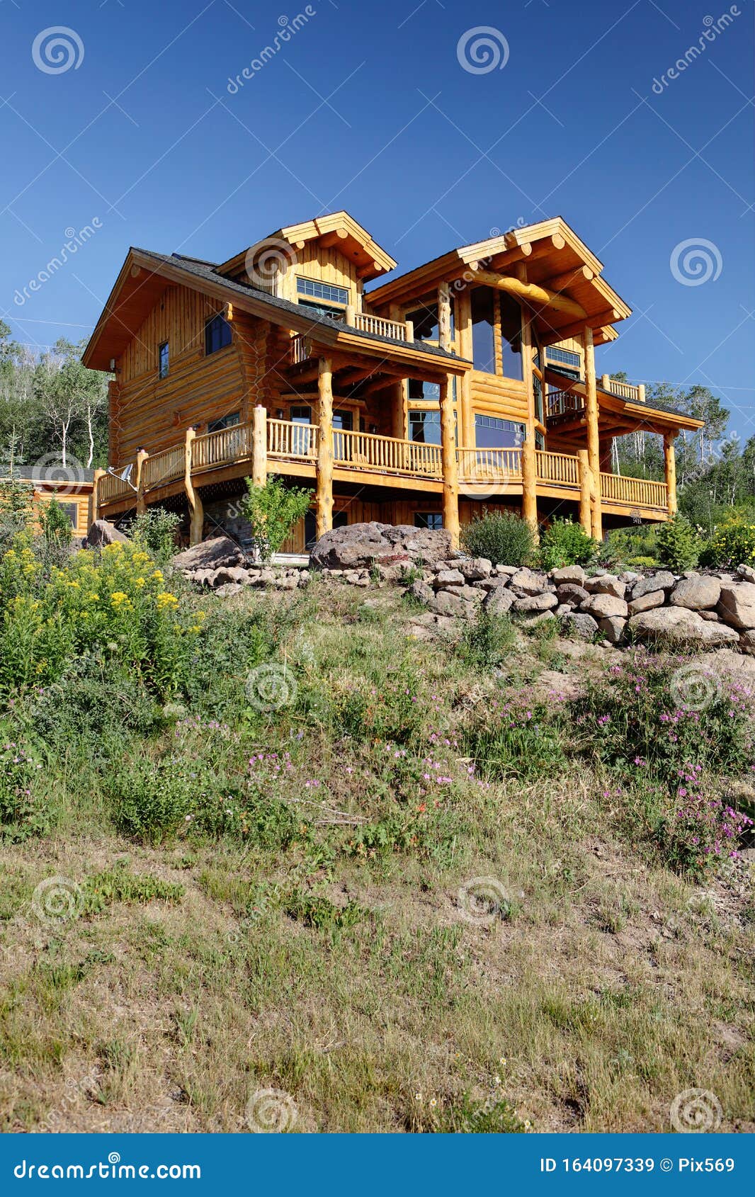 An Exterior View of a Modern Log Cabin. Stock Image - Image of dormers ...
