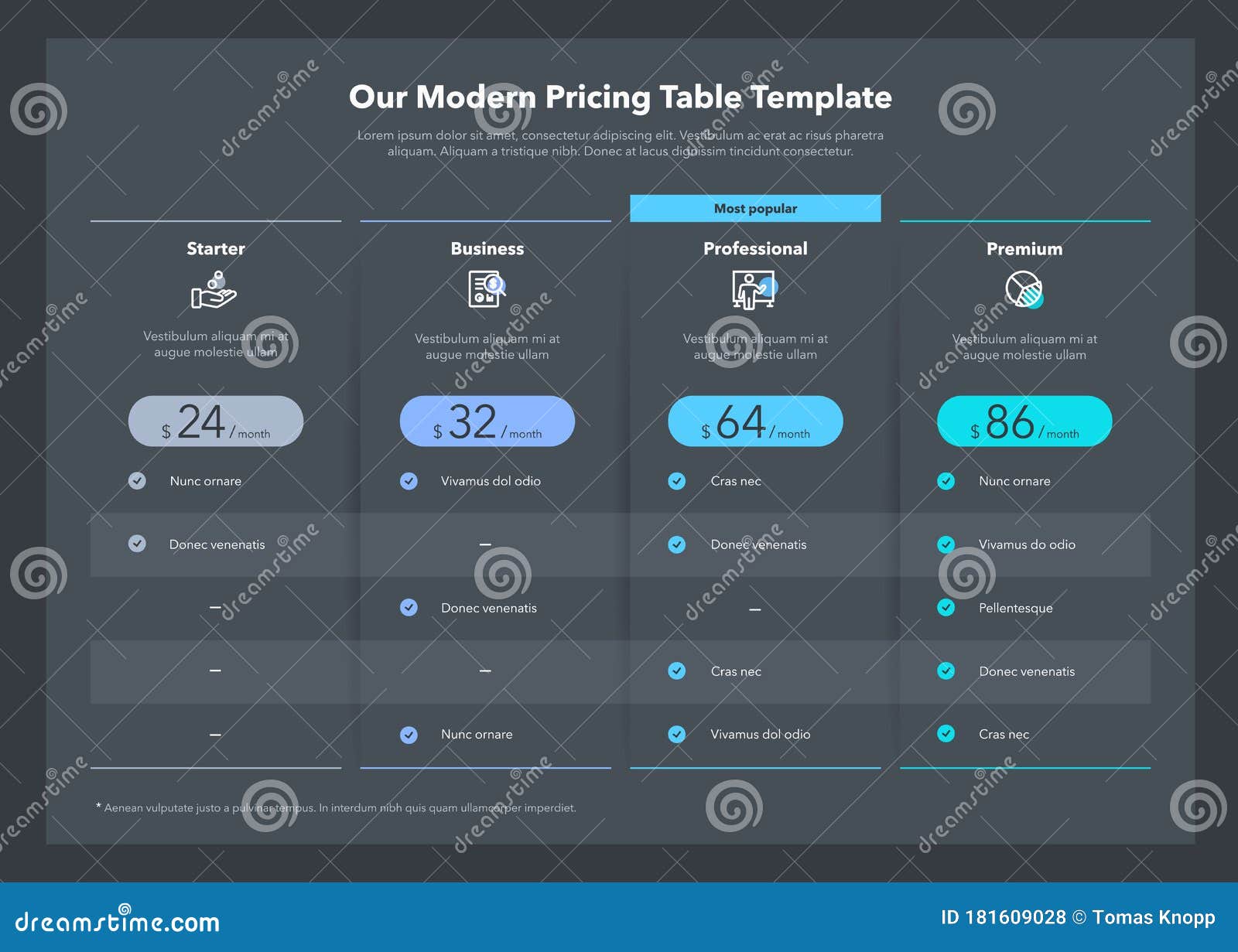 Modern Looking Pricing Table Design with Four Subscription Plans - Dark ...