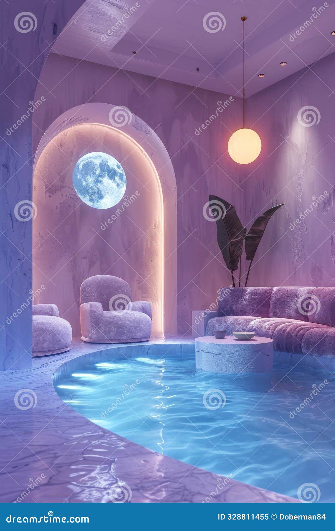Modern Lounge with Floating Armchairs and Moonlit Pool in Futuristic ...