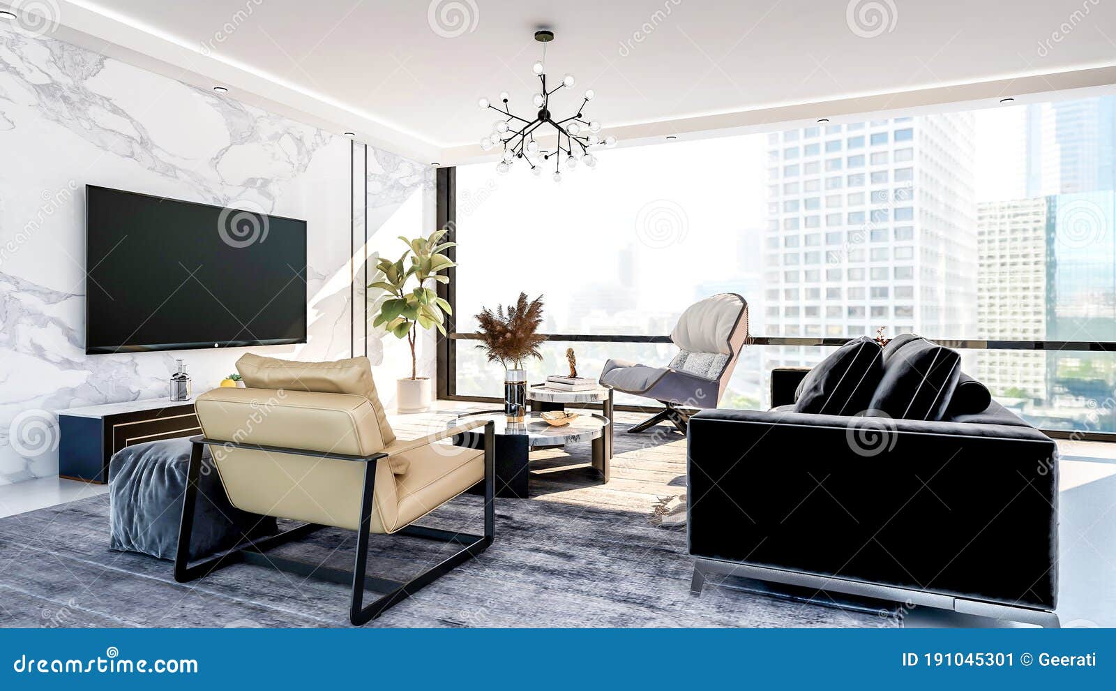 Modern and Luxury Apartment Living Room Interior with Large Window, 3D ...